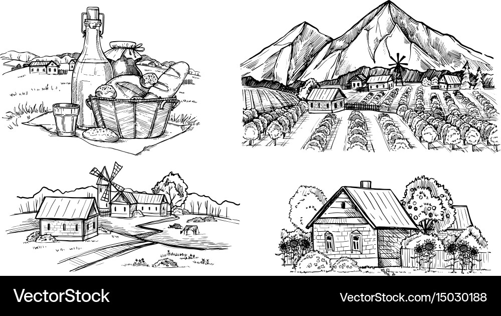Handdrawn scetch rustic landscape Royalty Free Vector Image