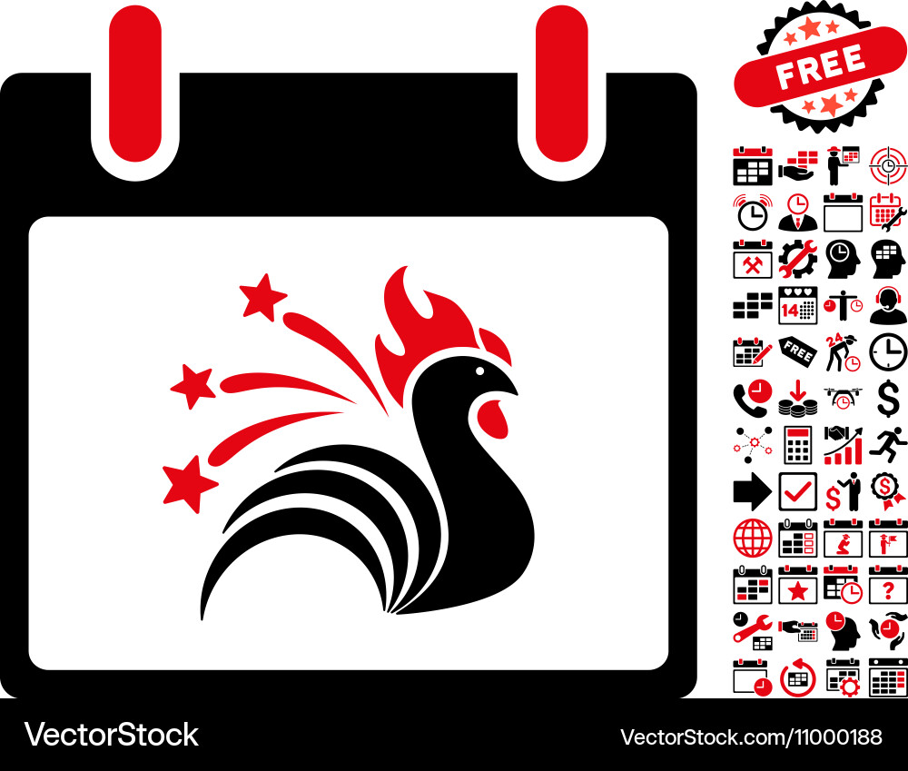 Sparkle rooster calendar day flat icon Royalty Free Vector