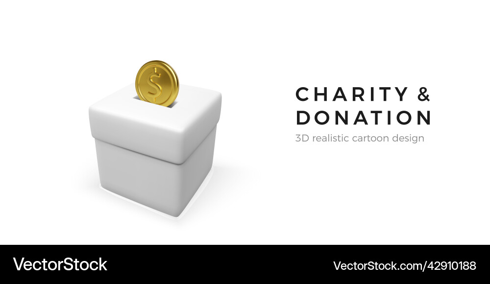 White donation box with gold coin 3d realistic Vector Image