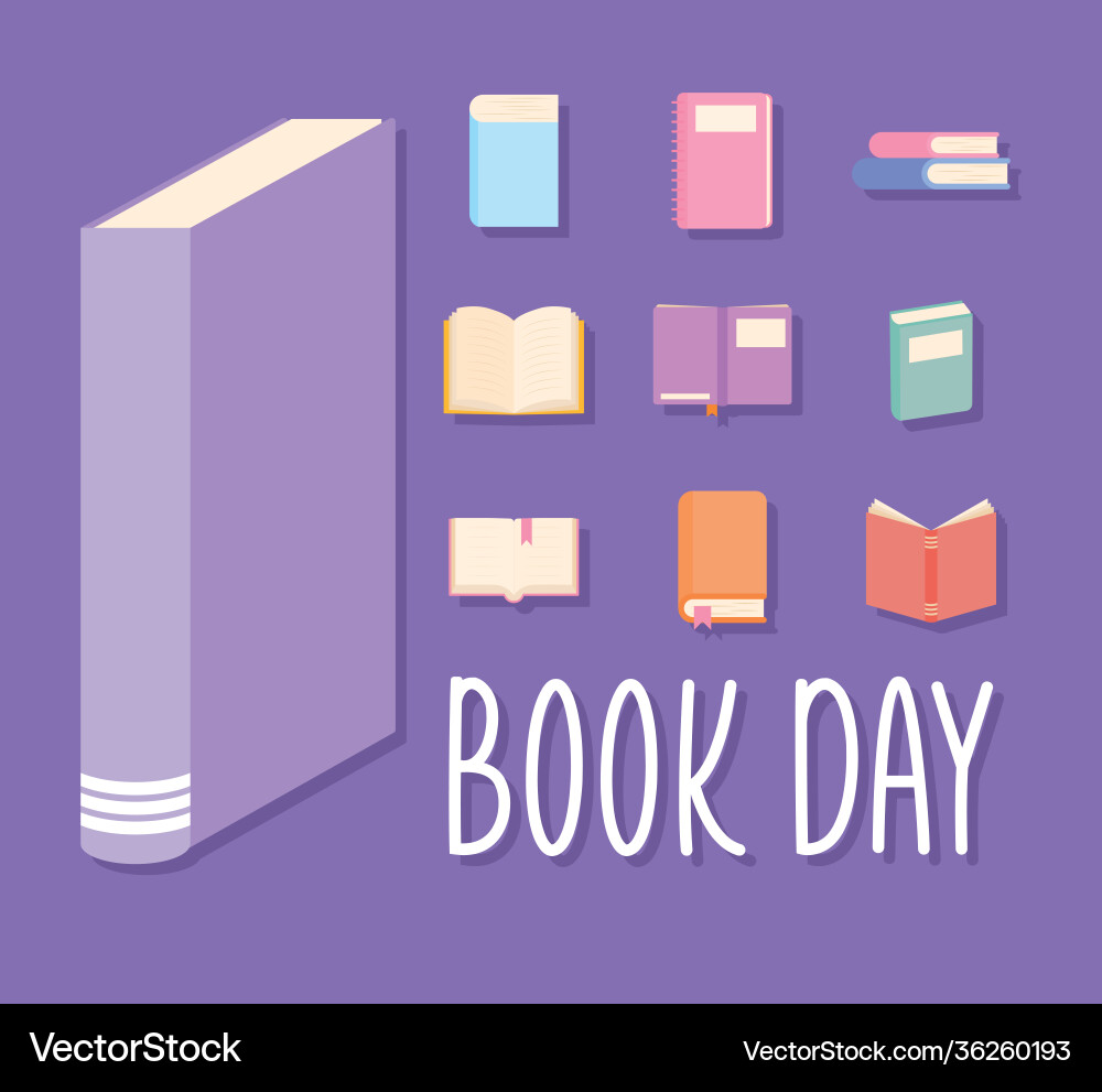 Book day lettering and bundle books icons Vector Image