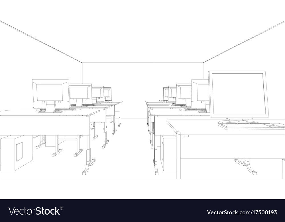 Computer class with tables and computers Vector Image