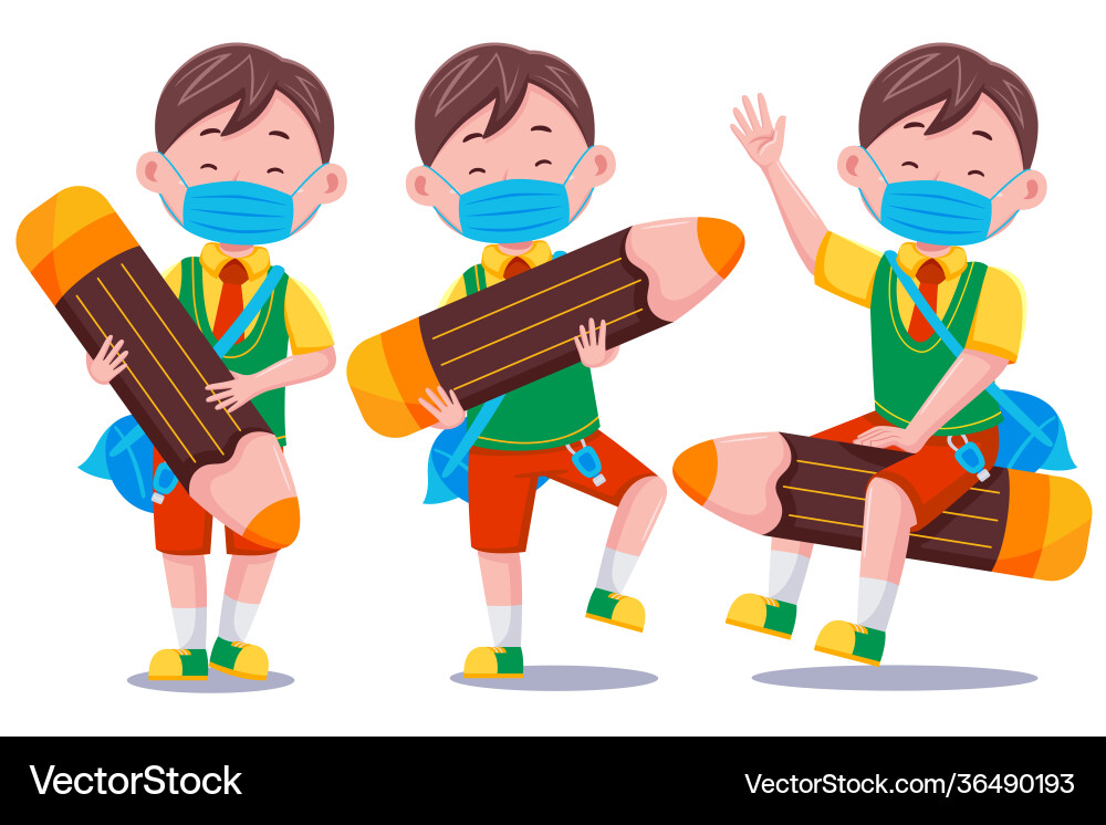 Cute kids boy student with mask 01 Royalty Free Vector Image
