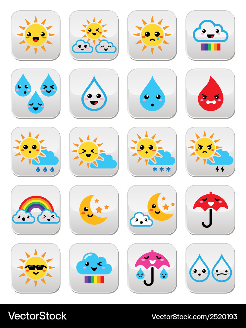 Cute sun rainbow moon rain and cloud - Kawaii Vector Image