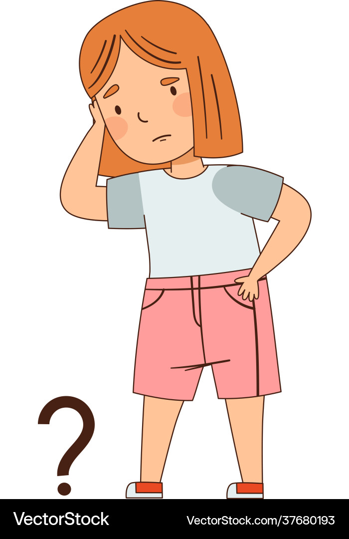 Puzzled little girl with question mark scratching Vector Image