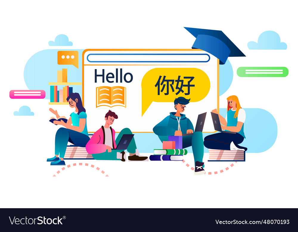 Students learning language on laptop online Vector Image