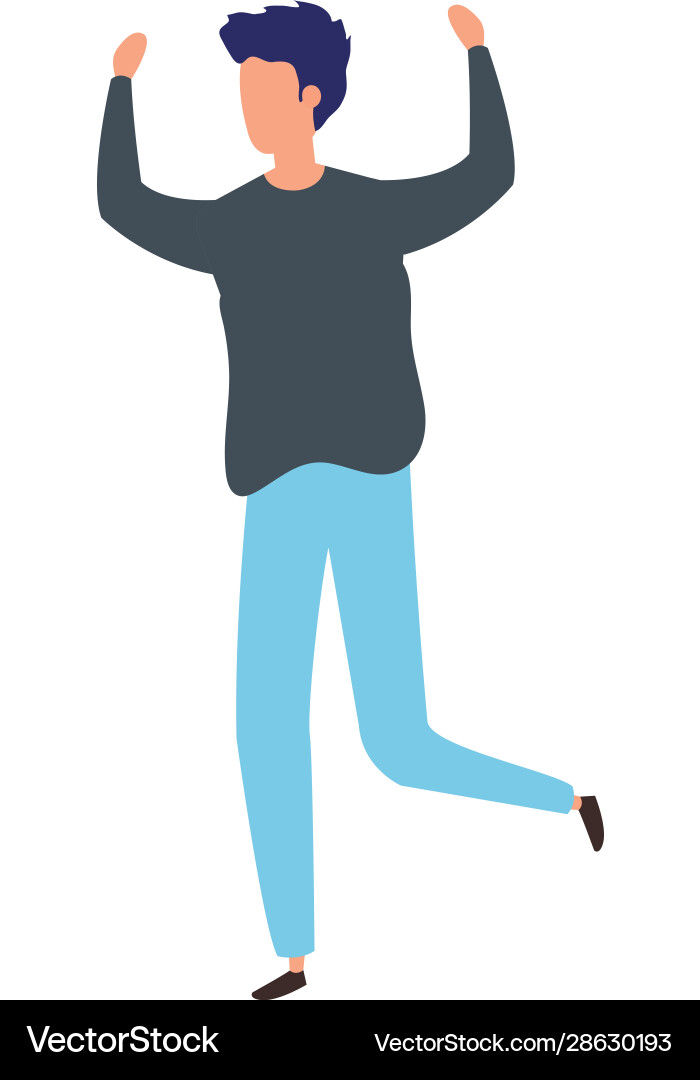 Young man with hands up celebrating character icon