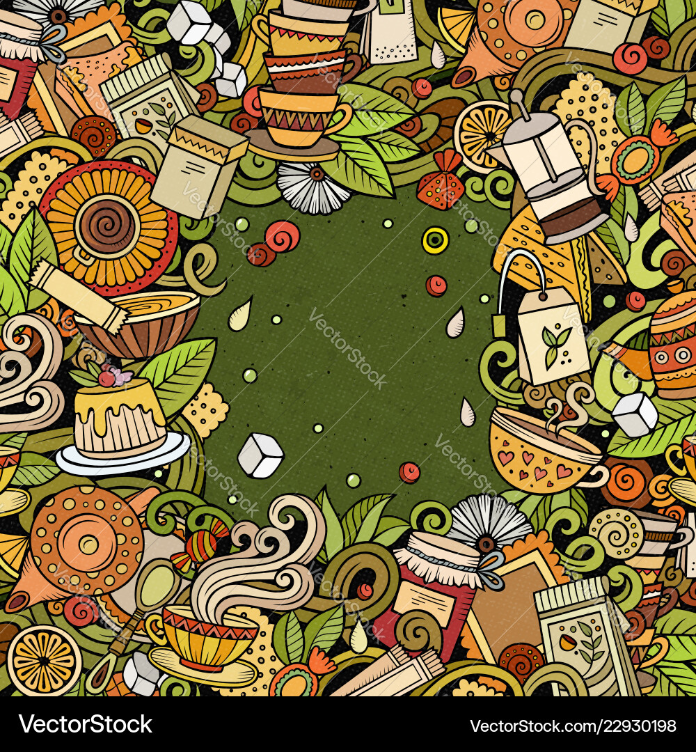 Cartoon doodles tea time frame colorful Royalty Free Vector