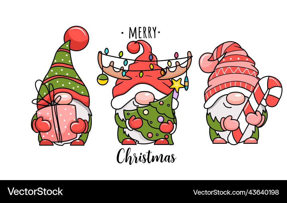 Cute cartoon christmas gnomes with tree Royalty Free Vector