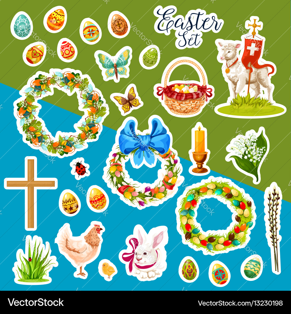 Easter sticker set with spring holiday symbols Vector Image
