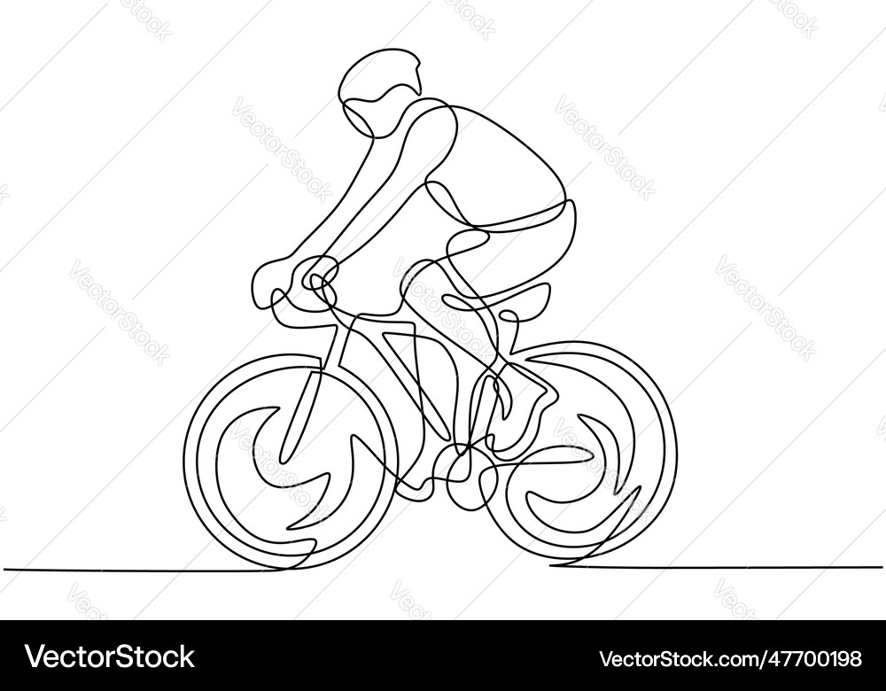 One line drawing cyclist with helmet riding Vector Image