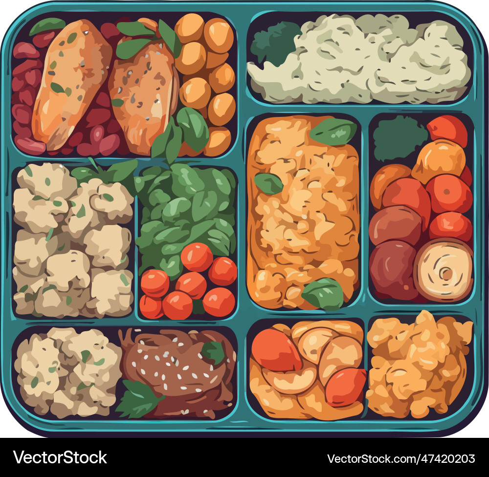 Gourmet meal with fresh vegetables and fruit Vector Image