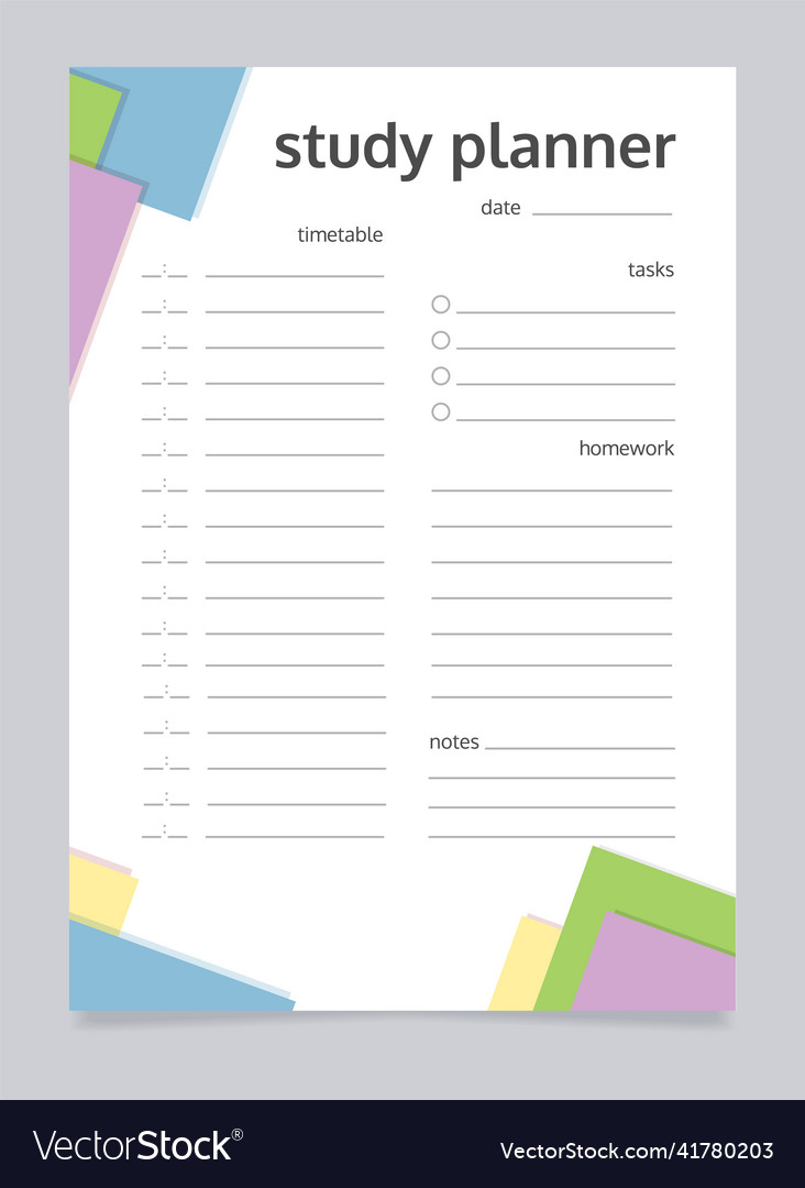Study planner worksheet design template Royalty Free Vector