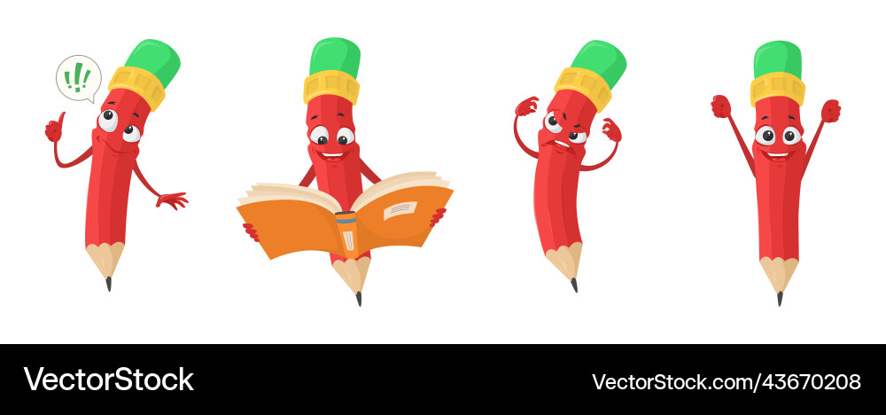 Cute clever pencil character isolated set Vector Image