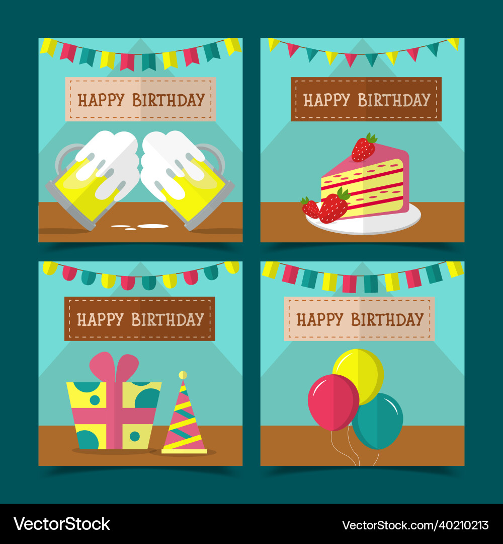 Happy birthday card set cake decorations gift Vector Image
