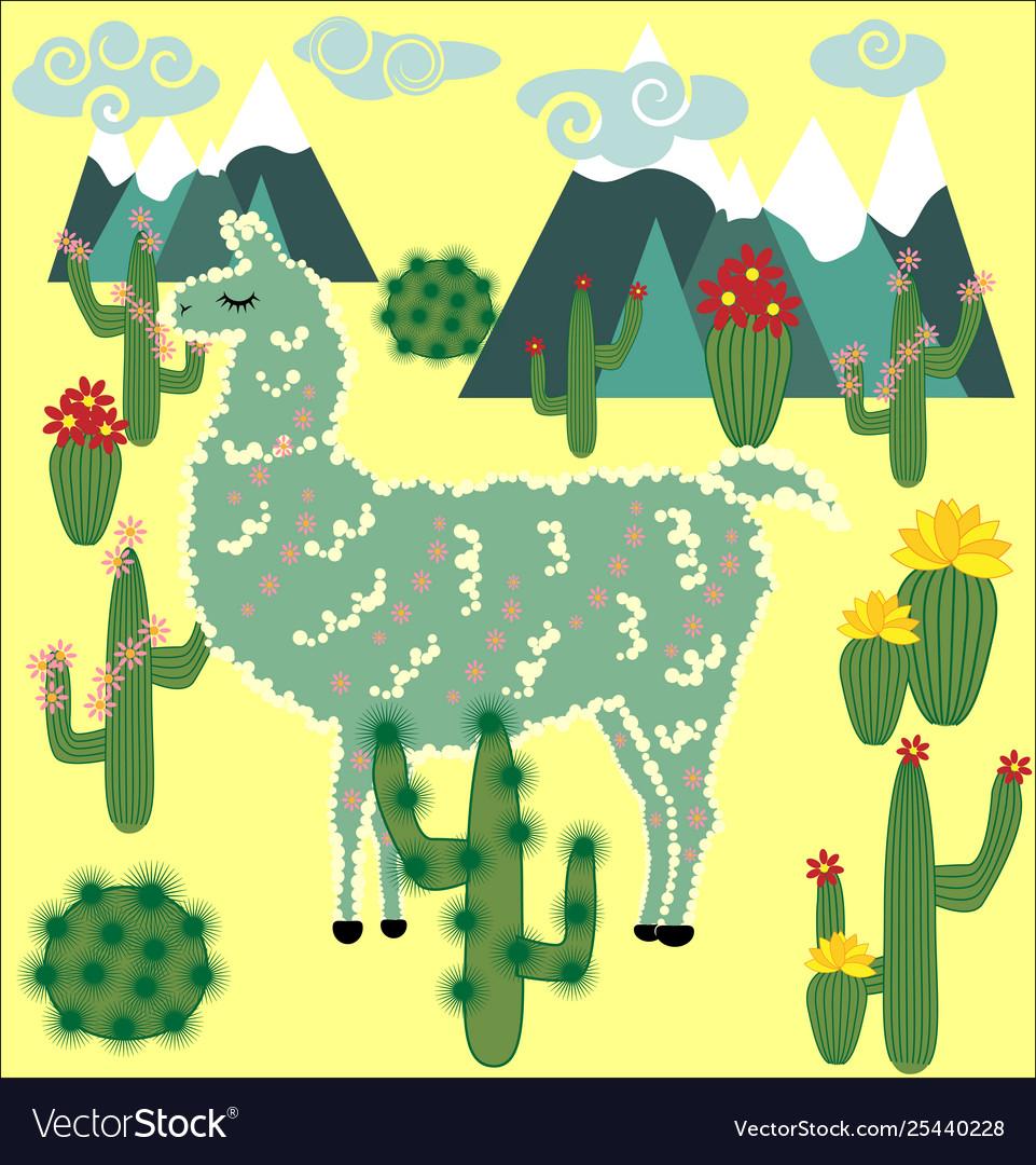 Cute alpaca llama animals and cactus llama alpaca Vector Image
