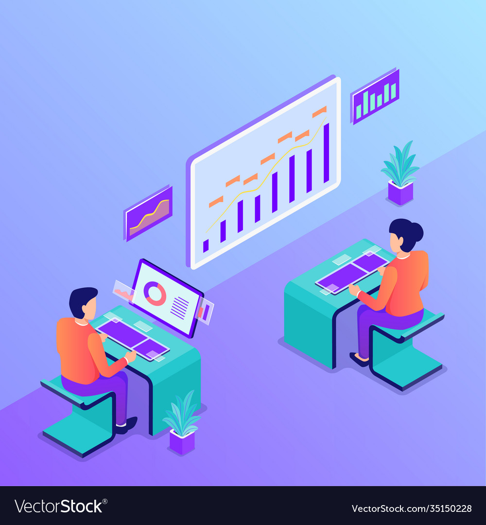 Data analysis team office analyzing graph Vector Image
