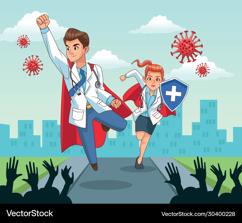 Super doctors couple with people cheering vs Vector Image