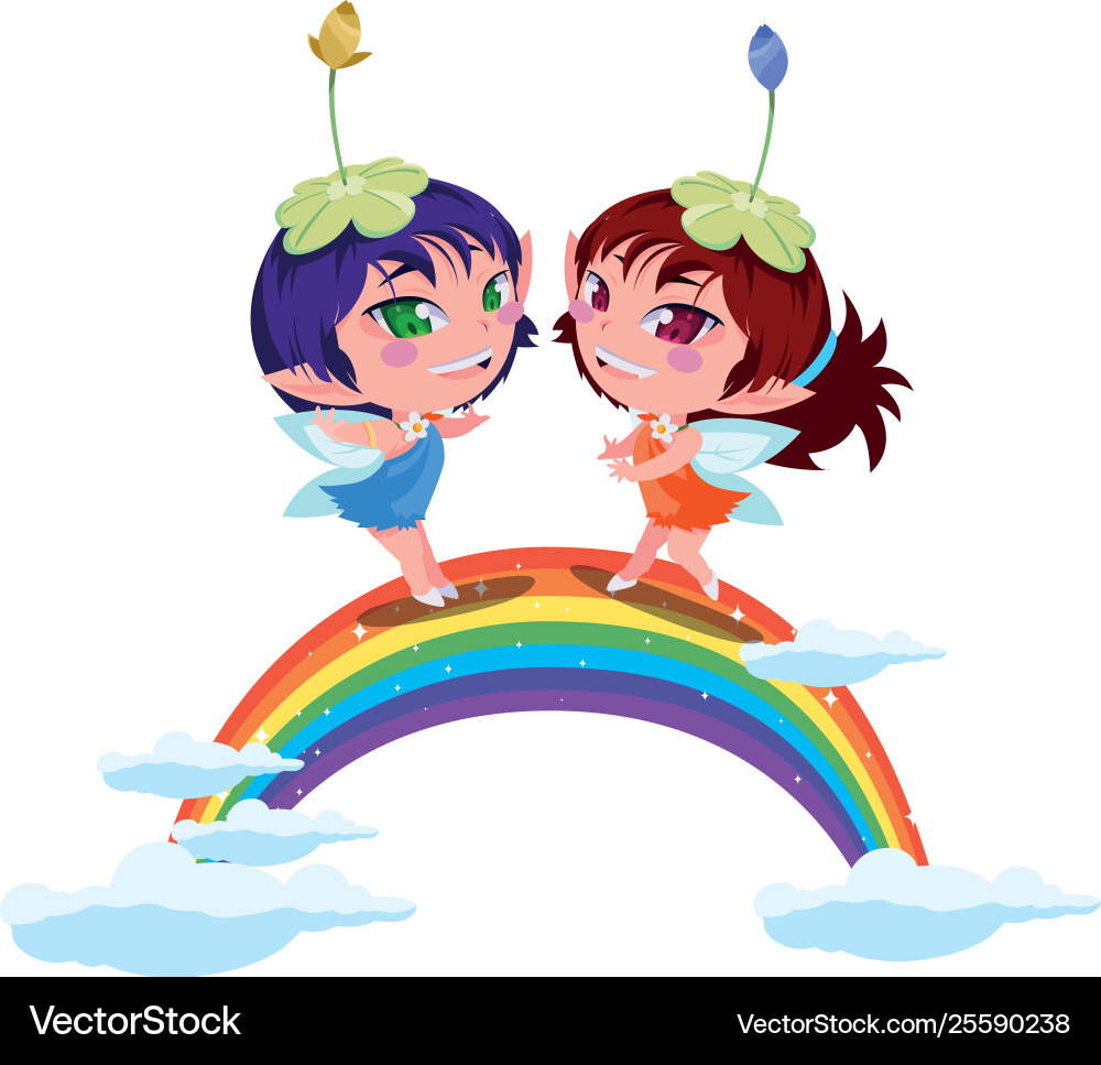 Beautiful magic fairies with rainbow scene Vector Image