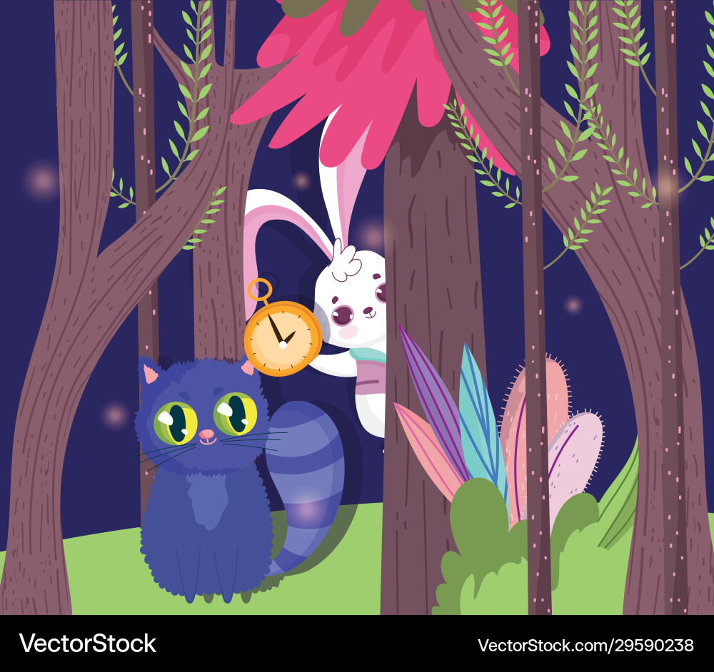 Cute rabbit and cat in forest cartoon Royalty Free Vector