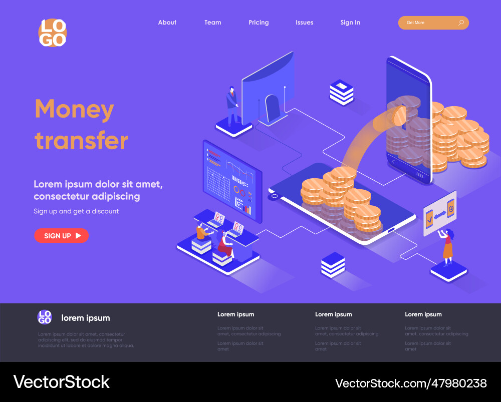 Money transfer isometric landing page internet Vector Image