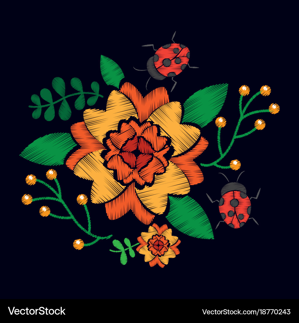 Embroidery with flowers textile traditional Vector Image