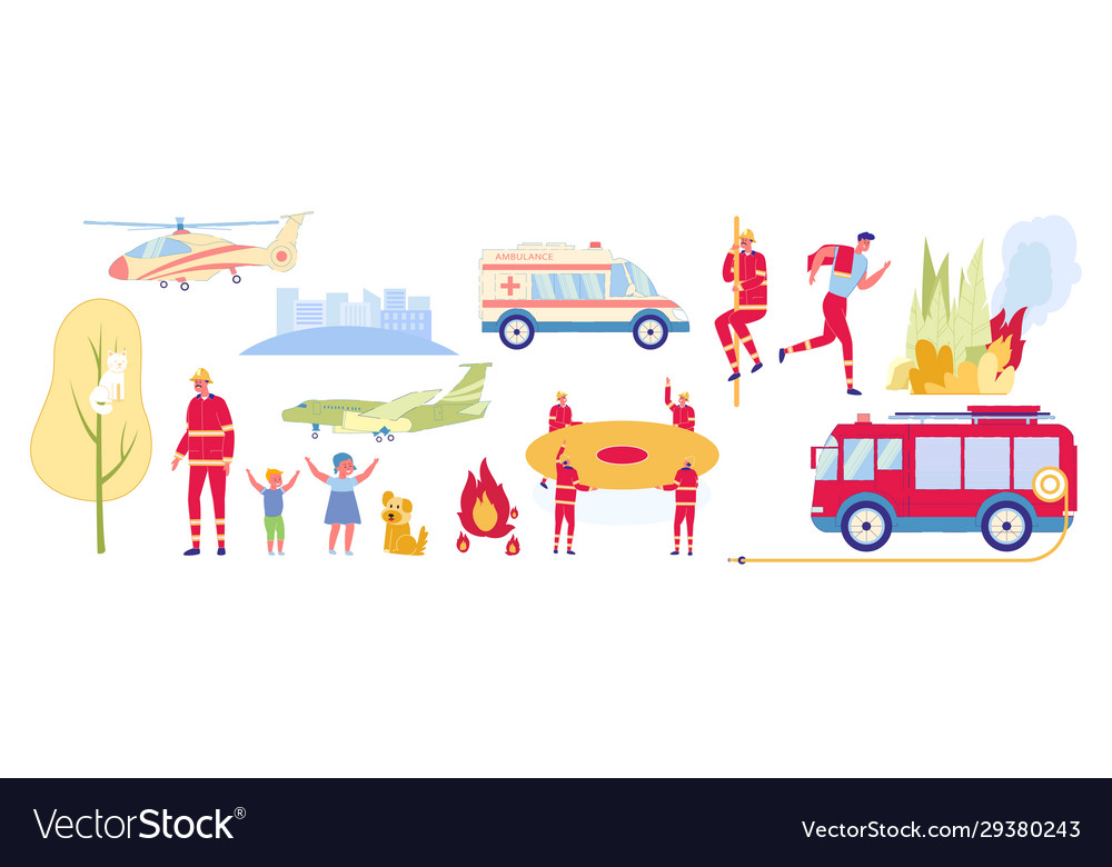 Flat firefighter characters for emergency scenes Vector Image
