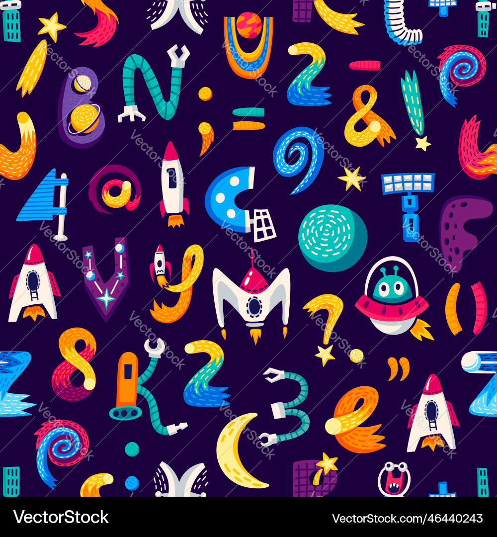 Kids space cartoon letters and numbers pattern Vector Image