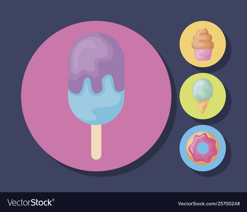 Set ice creams with cupcake and donut Royalty Free Vector