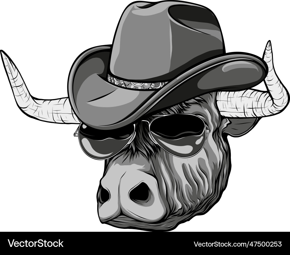 Monochromatic bull head with sunglasses and hat Vector Image
