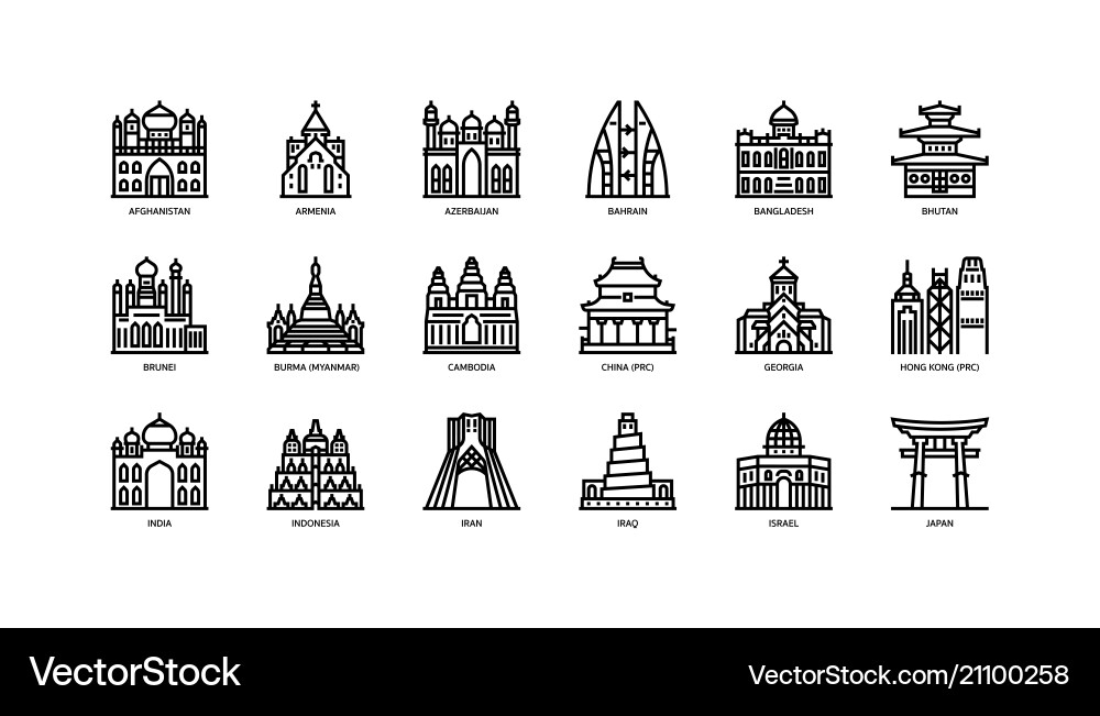 Asian cities landmarks icons set 1 Royalty Free Vector Image