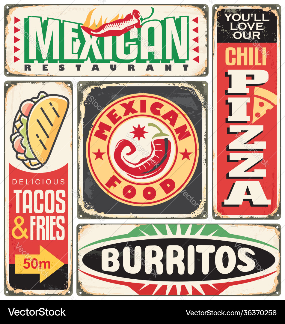 Mexican restaurant retro tin signs collection Vector Image