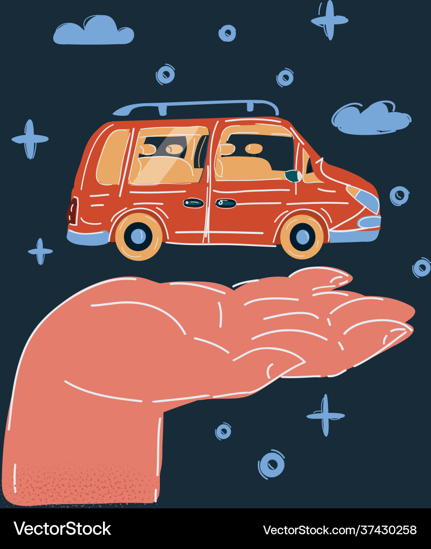 Small car in human hand Royalty Free Vector Image