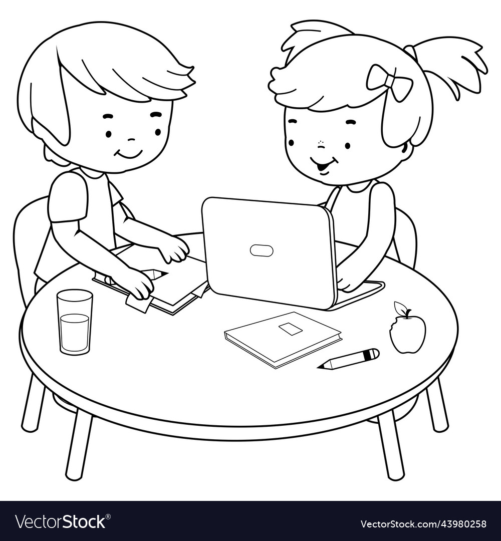 Students at a desk doing their homework Royalty Free Vector
