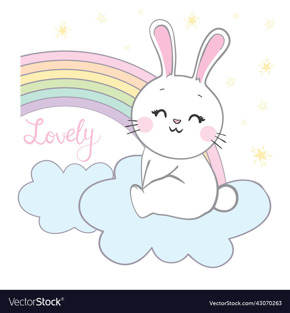 Seamless pattern of cute face rabbit with rainbow Vector Image