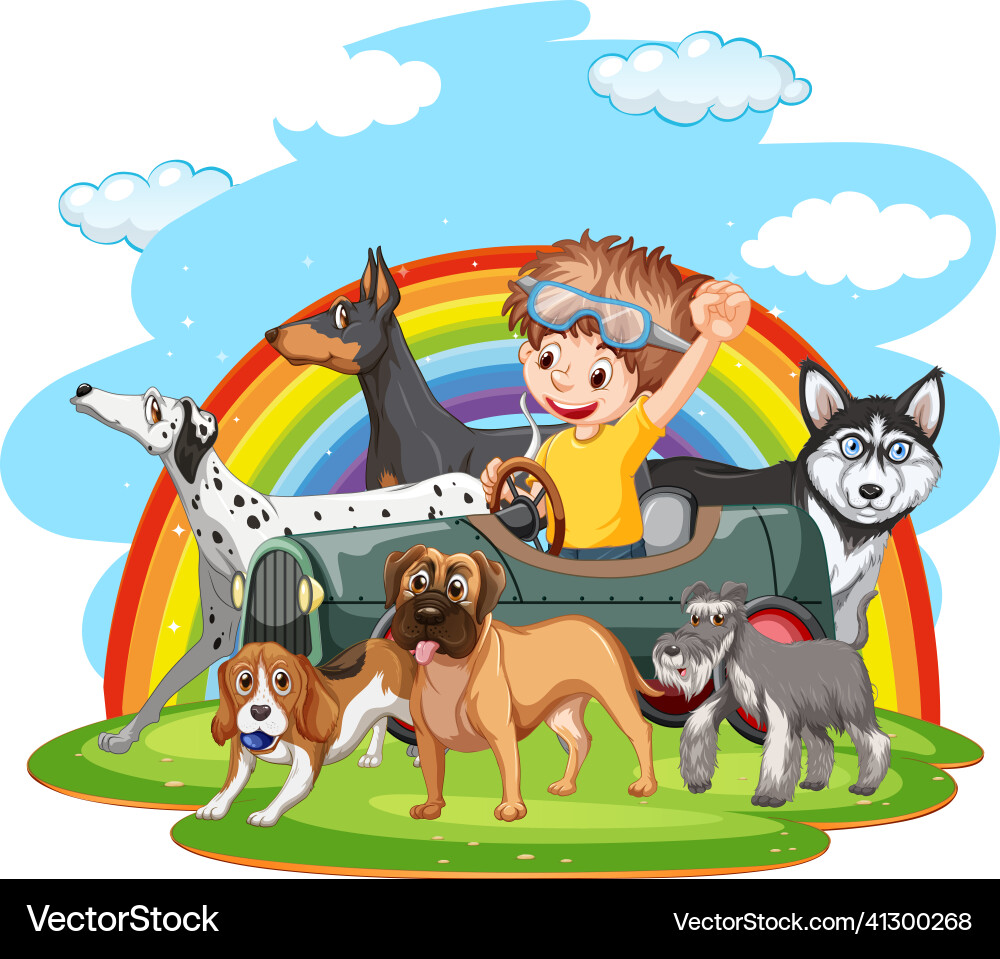 A boy driving car with many dogs Royalty Free Vector Image