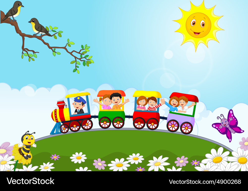 Happy kids on a colorful train Royalty Free Vector Image