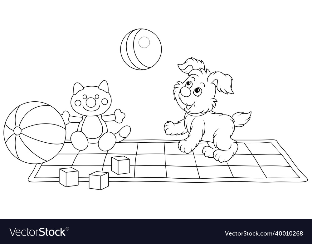 Happy little puppy playing a striped ball Vector Image