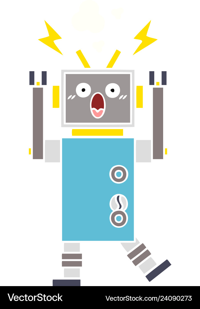 Flat color retro cartoon malfunctioning robot Vector Image