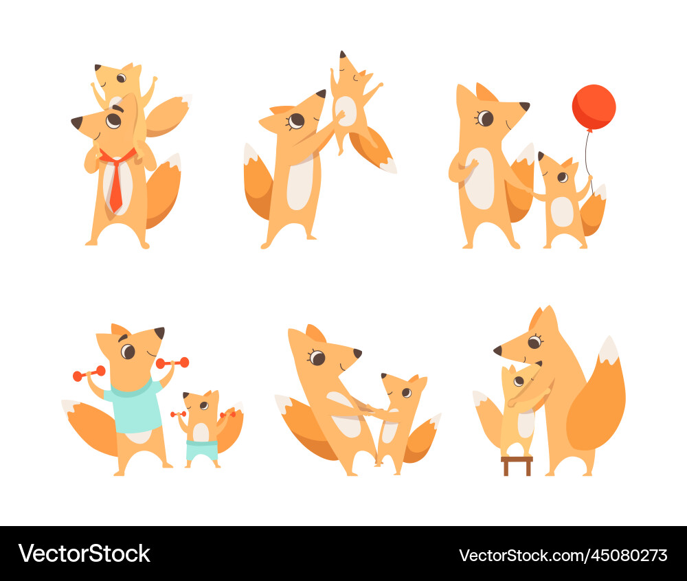Loving fox mom and dad character with its cub Vector Image