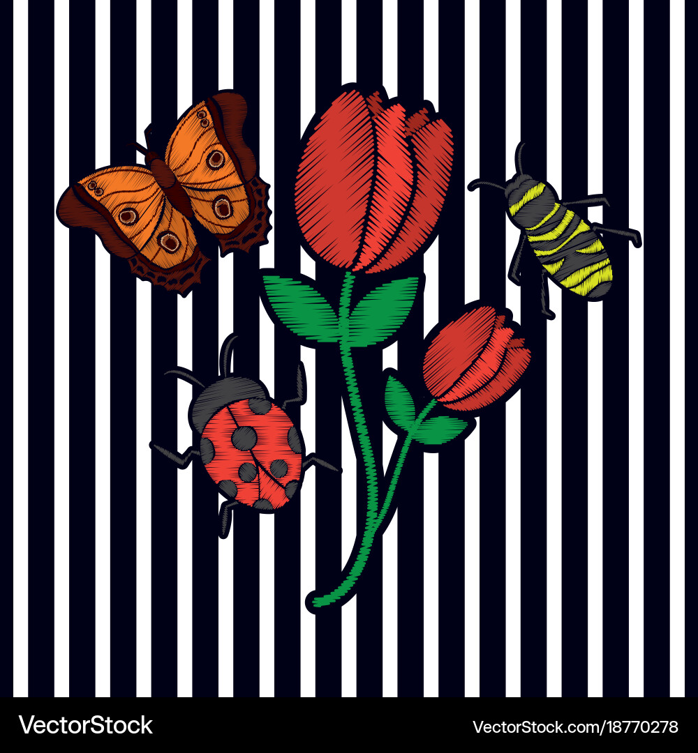 Embroidery flower butterfly and bee ladybug Vector Image
