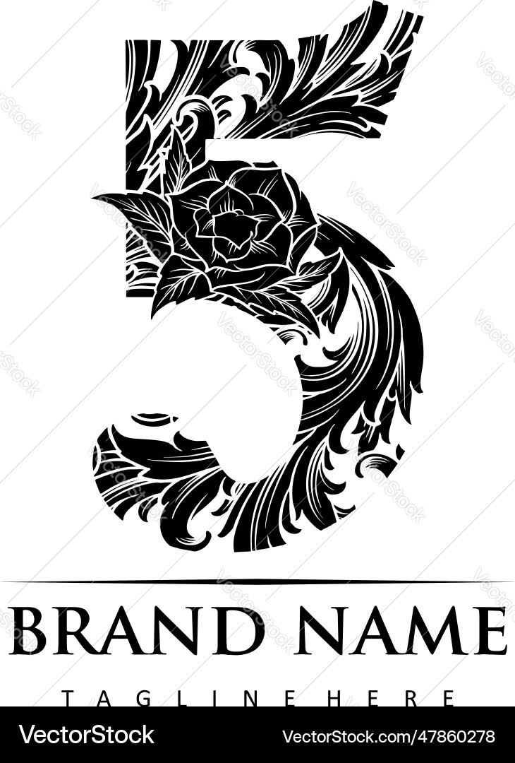 Floral engraved number 5 ornament monogrammed Vector Image