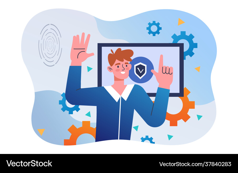 Cheerful male character is working on network Vector Image