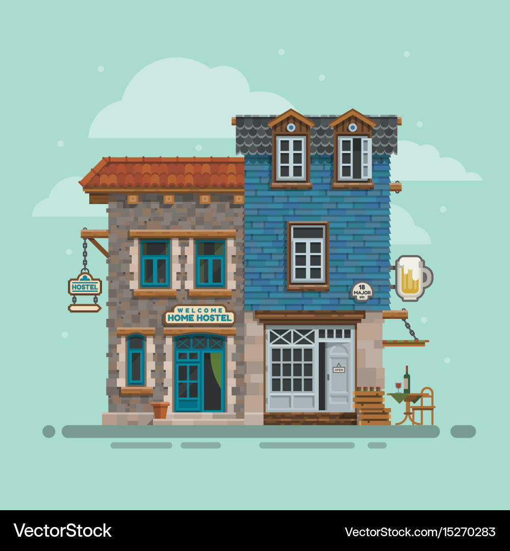 Detailed hostel and bar building facade Royalty Free Vector