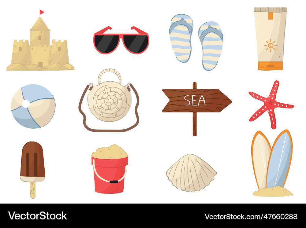 Cartoon style set of cute summer elements Vector Image