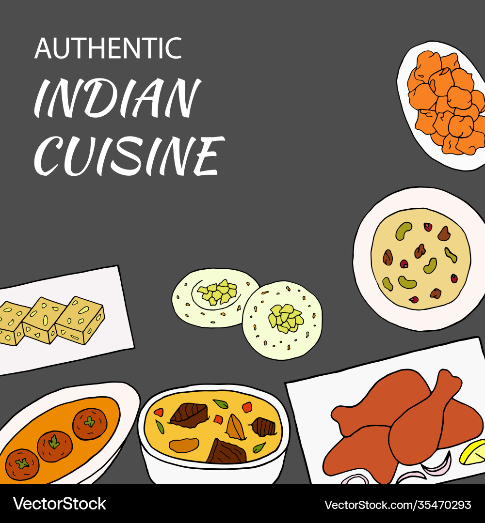 Hand drawn indian cuisine poster with curry Vector Image