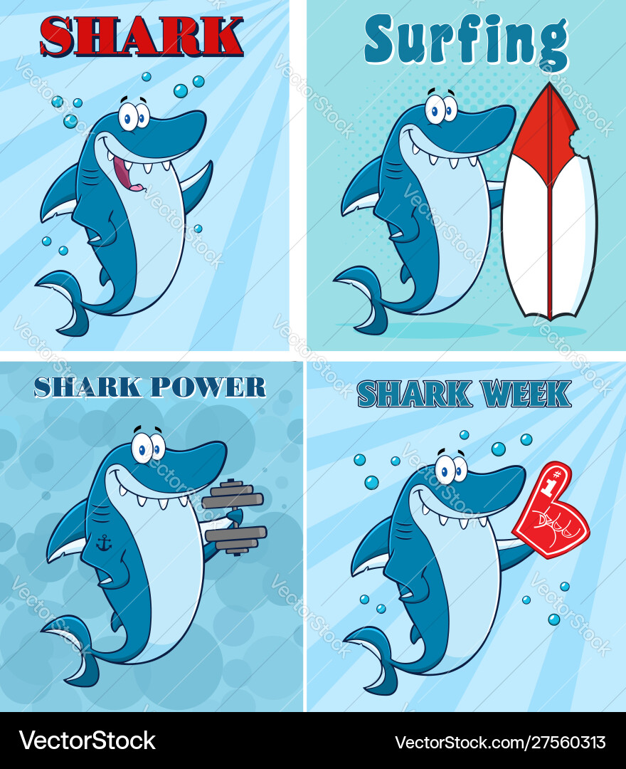Blue shark cartoon character collection set - 7 Vector Image