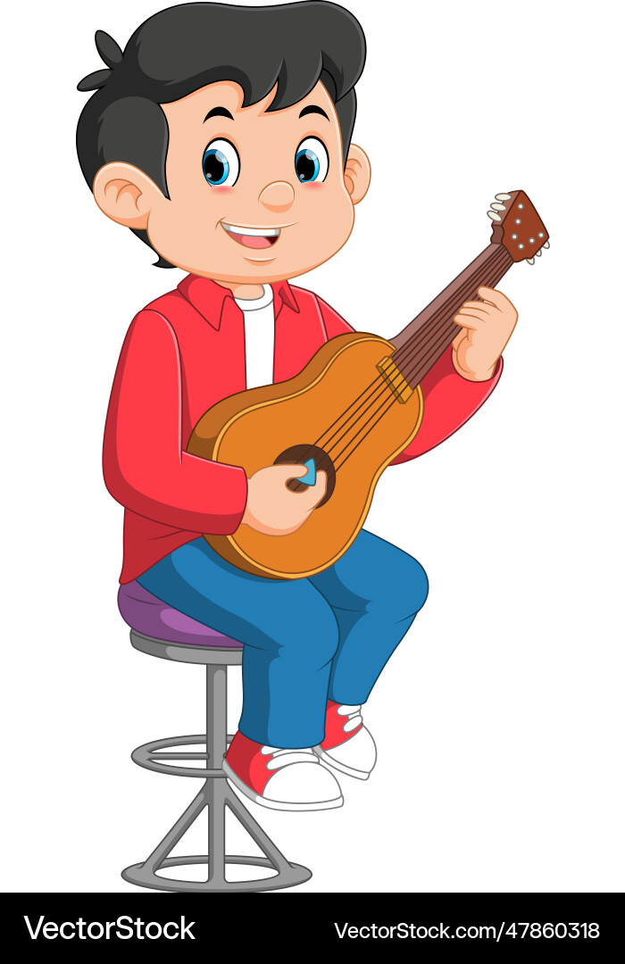 Cartoon happy boy playing guitar Royalty Free Vector Image
