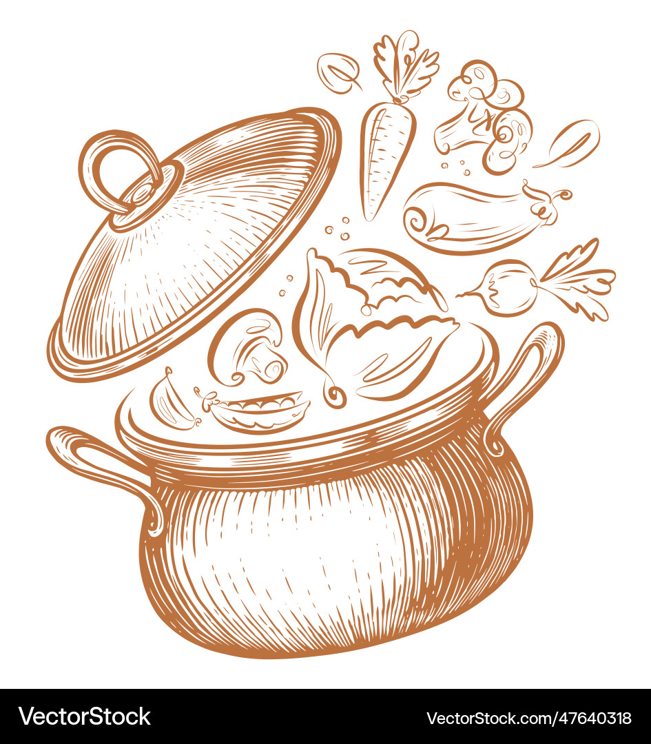 Pot with fresh vegetables saucepan open lid Vector Image