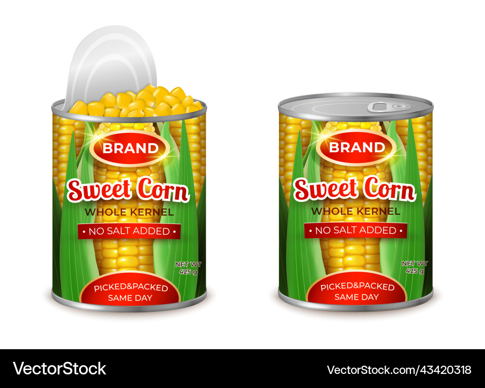 Realistic detailed 3d organic canned corn set Vector Image