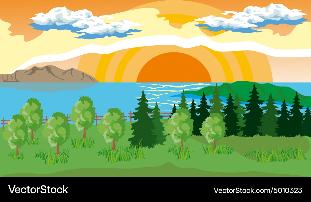 Landscape with trees lake and sun Royalty Free Vector Image